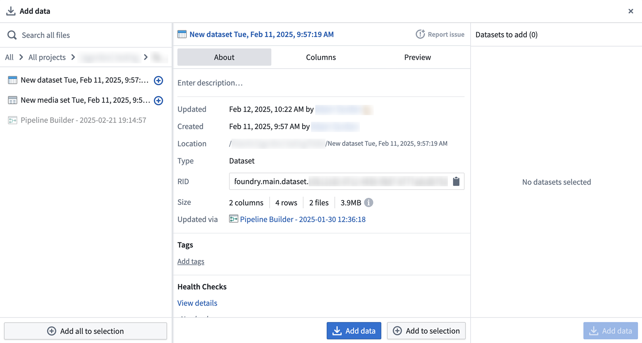 Pipeline Builder • Input datasets • Add datasets • Palantir