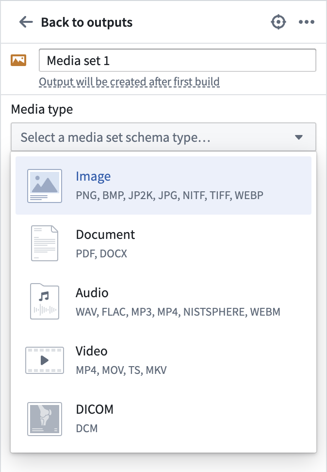 Pipeline Builder • Pipeline outputs • Add a media set output • Palantir