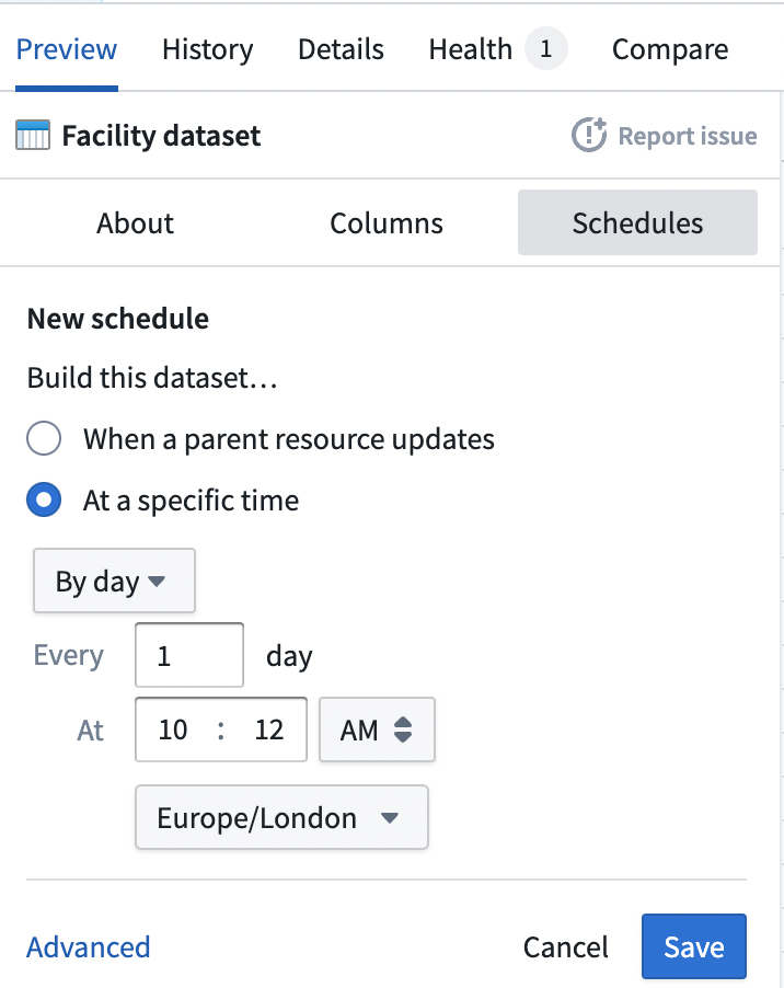 Pipeline Builder • Schedules • Create a schedule • Palantir